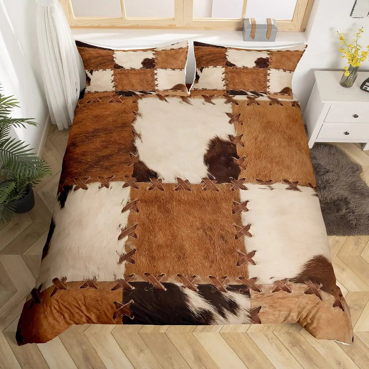Cowhide Duvet Cover Set King Size Patchwork Cow Fur Print Farm Animal ...